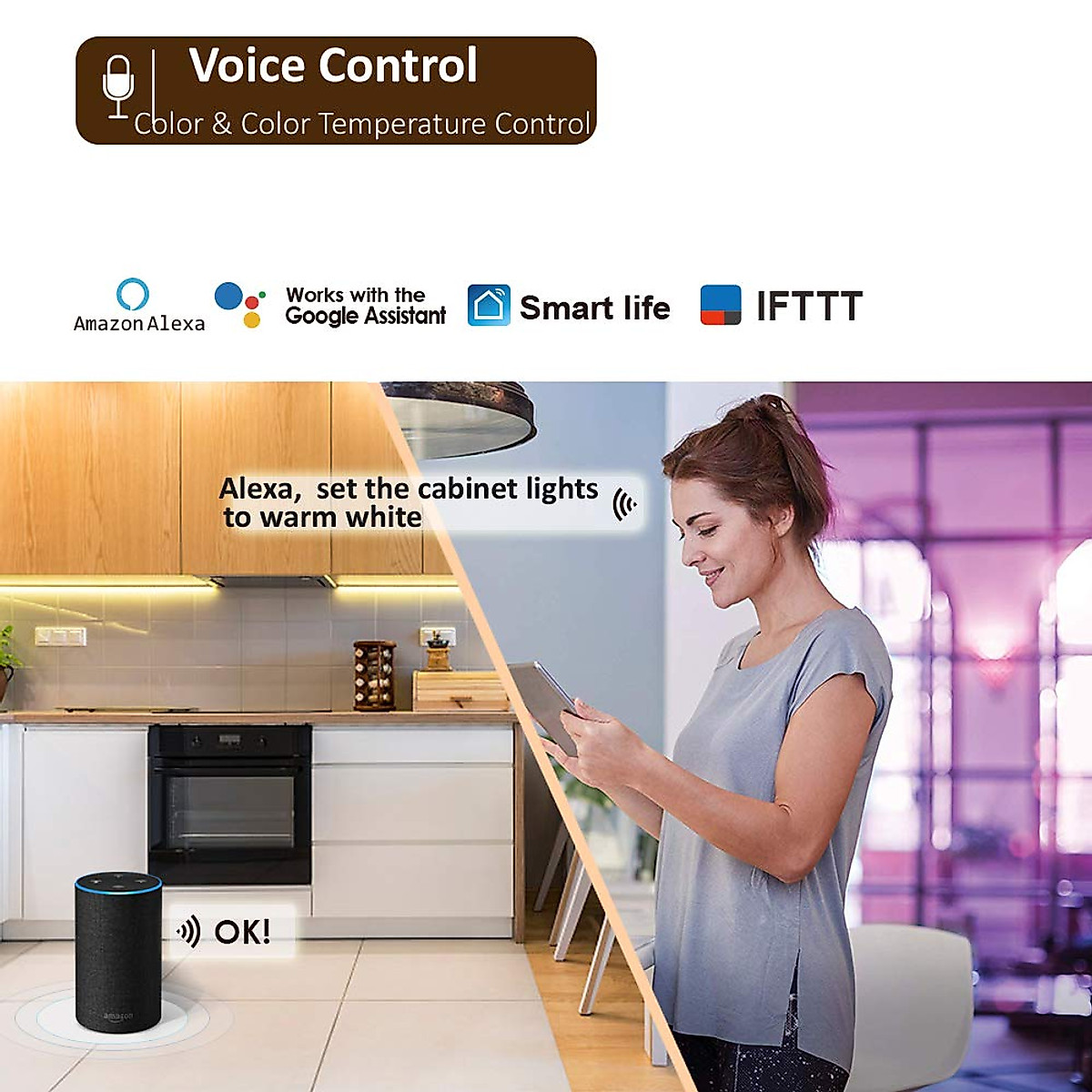 LED Smart Under Cabinet Lights Work with Alexa,Siri, Echo, Google Home (No Hub Required), 2700K to 6500K for Kitchen Under Counter, Bookcase or Display Cabinet(6 Lights Bar Kit)