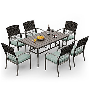Pamapic Patio Dining Table Set, Outdoor Dining Set 7 Piece, Outdoor Wicker Furniture Set with Removable Cushions for Backyard Garden Deck/Iron Slats Table Top(Green)
