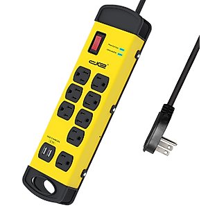 Digital Energy 15-FT 8 Outlet Metal Surge Protector Power Strip Extension Cord, 1960 Joules, 2 USB Ports, Heavy Duty Workshop Mountable Built in Cord Management, Red