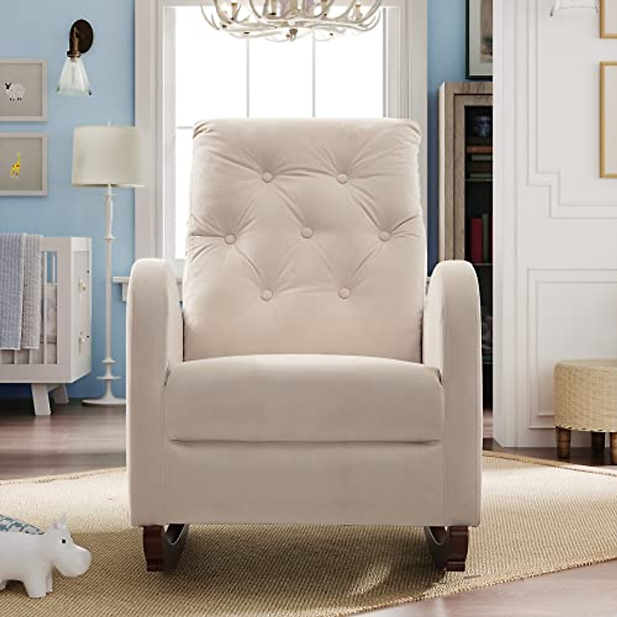 Rocking Chair Nursery, Indoor Lounge Chair, Comfortable Accent Chair, Nursery Glider Recliner,Modern Rocker Glider Chair with High Back Cushion, Pocketfor for Baby Kids Living Room (Beige)