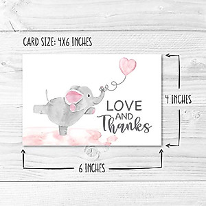 24 Pink Elephant Baby Shower Thank You Cards With Envelopes, Kids Thank You Note, Animal 4x6 Varied Gratitude Card Pack For Party, Girl Children Birthday, Cute Event Appreciation Stationery