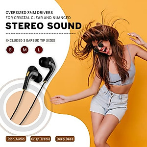 Santana Besos by Carlos Wired Earbuds with Microphone, 3.5mm Earphones Plug-in Ear Buds with Volume Control, 8mm Drivers for Exceptional Sound Quality, Comfortable Wired Earbud, Black & Gold