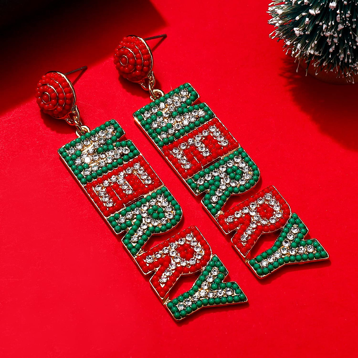 ANGLESJELL Christmas Earrings for Women Holiday Rhinestone Reindeer Dangle Earrings Xmas Jingle Bells Beaded Earrings Christmas Festive Party Jewelry Gifts (Merry)