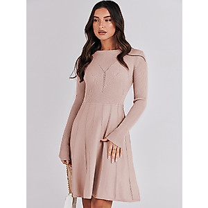 ANRABESS Women Midi Sweater Dress Long Sleeve Crewneck High Waist Casual A-Line Pleated Dresses Pink Small