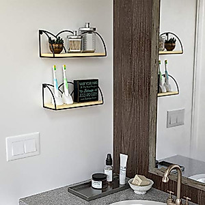 J JACKCUBE Design Floating Black Wire Wood Shelves Set of 2, Small Hanging Decorative Plant Wall Shelf for Bedroom Living Room Kitchen Bathroom Office - MK672A