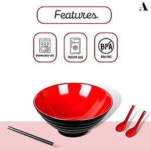 AFWAN Ramen Bowl Set of 4 32 OZ with Large Melamine Bowls Spoons Complete Dinnerware Set with Chopsticks long-lasting Japanese style