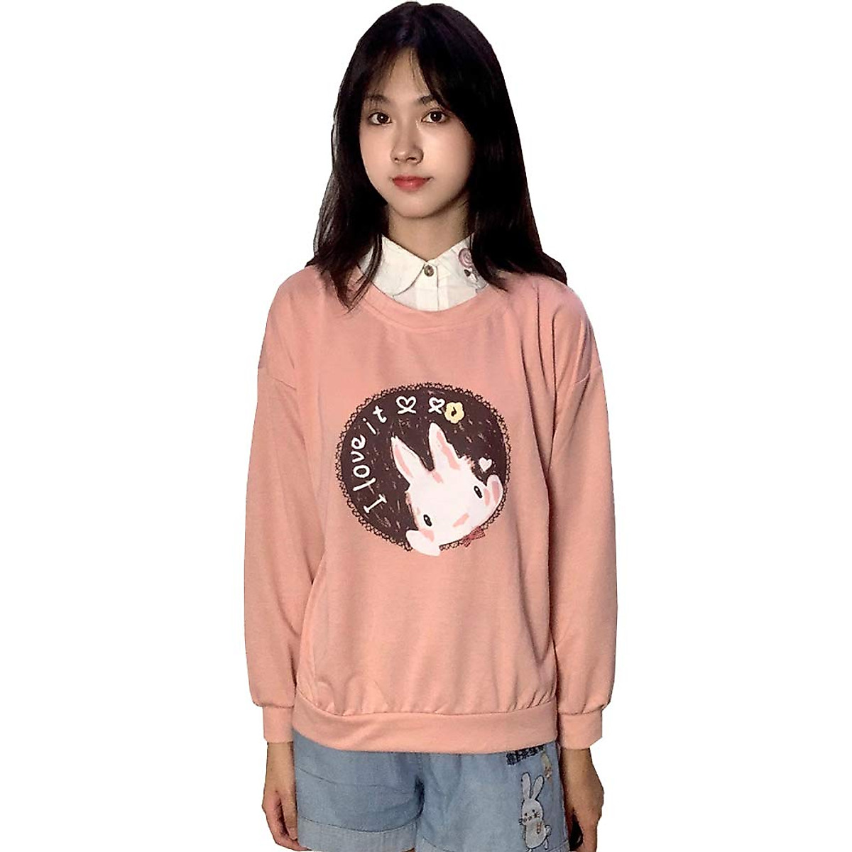 Packitcute Teens Pink Sweatshirt, Spring Autumn Cotton Patchwork Pullover Bunny Print Thin Tops (Pink)