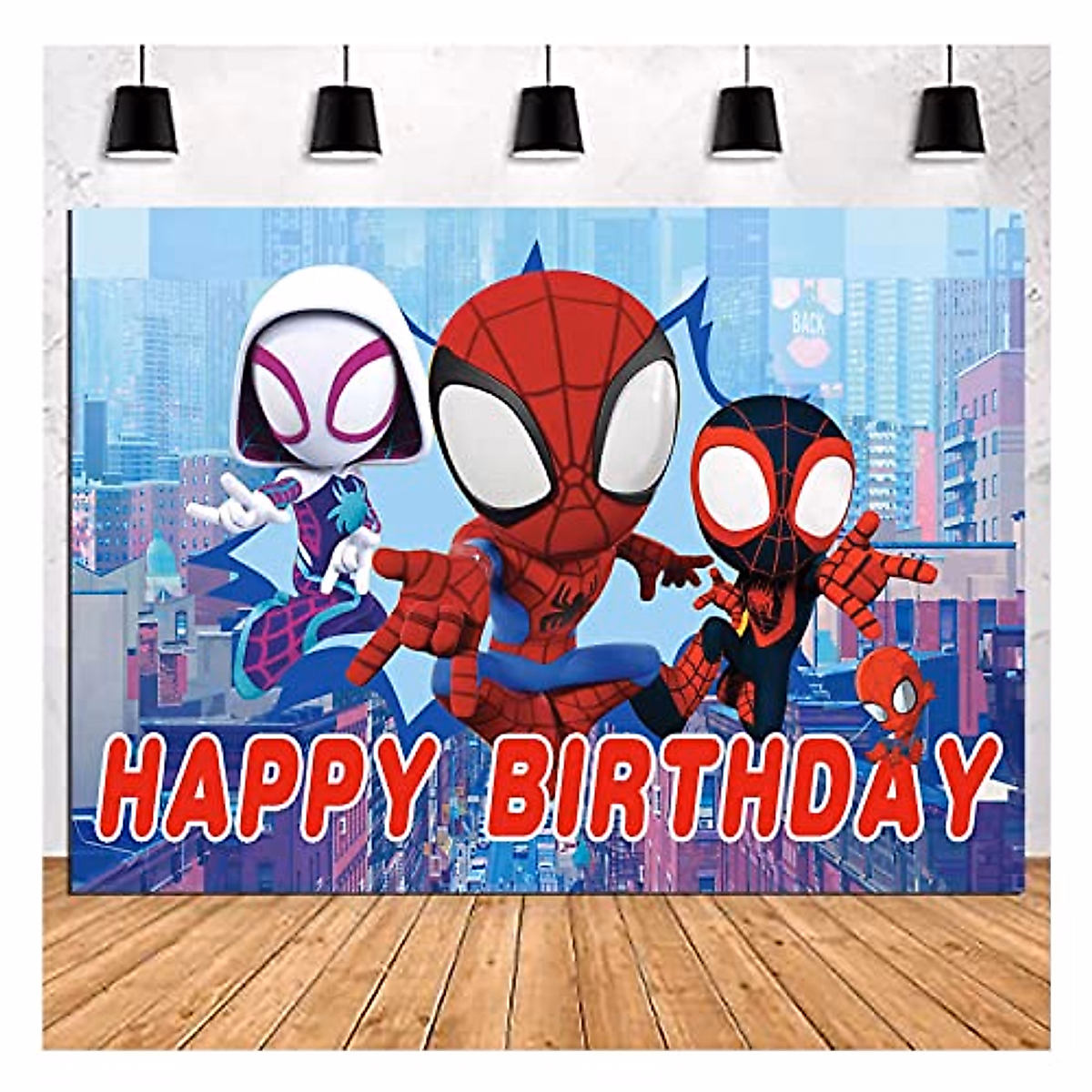 Happy Birthday Theme Red Spider Man Photography Backdrop Cartoon Comics Style Building Scenes Photo Background 5x3ft Children Boys Birthday Party Banner Decors Supplies