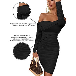 GOKATOSAU Women's Sexy Elegant Ruffle Long Sleeve Off Shoulder Ruched Party Mini Dress Black