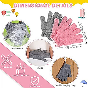 4 Pack Exfoliating Shower Bath Gloves Back Scrubber Set, 2 Exfoliating Body Scrubber Nylon Back Washer, 2 Pairs Scrub Gloves for Women Men Children Skin Pull Strap Washcloth (Pink, Gray)
