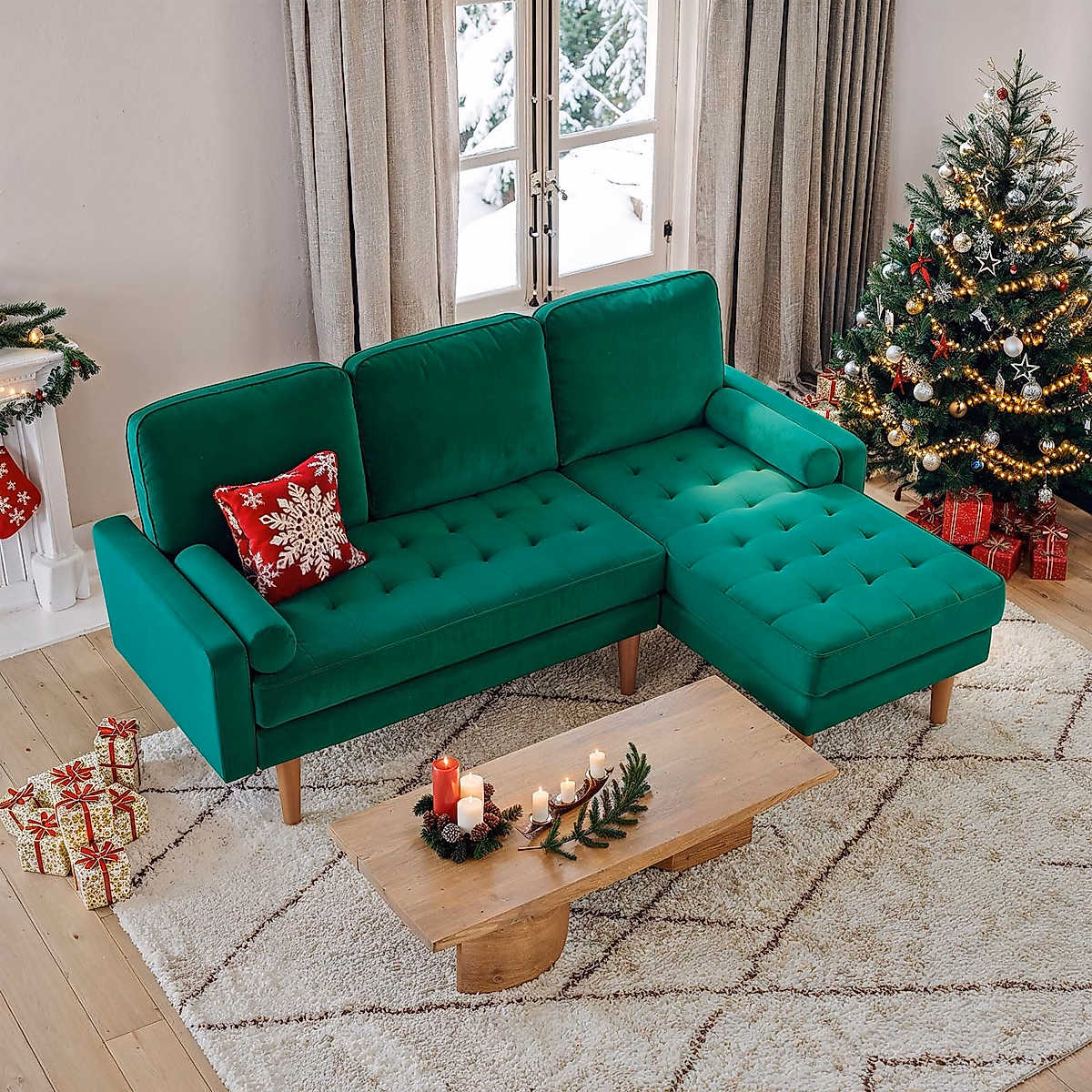 ONBRILL L Shaped Couch, Velvet L Shaped Sofa with Convertible Chaise, Sectional Sleeper Couch w/Tufted Sponge Cushion & 2 Bolster Pillows, Comfy L Shape Couch for Living Room, Small Space, Green