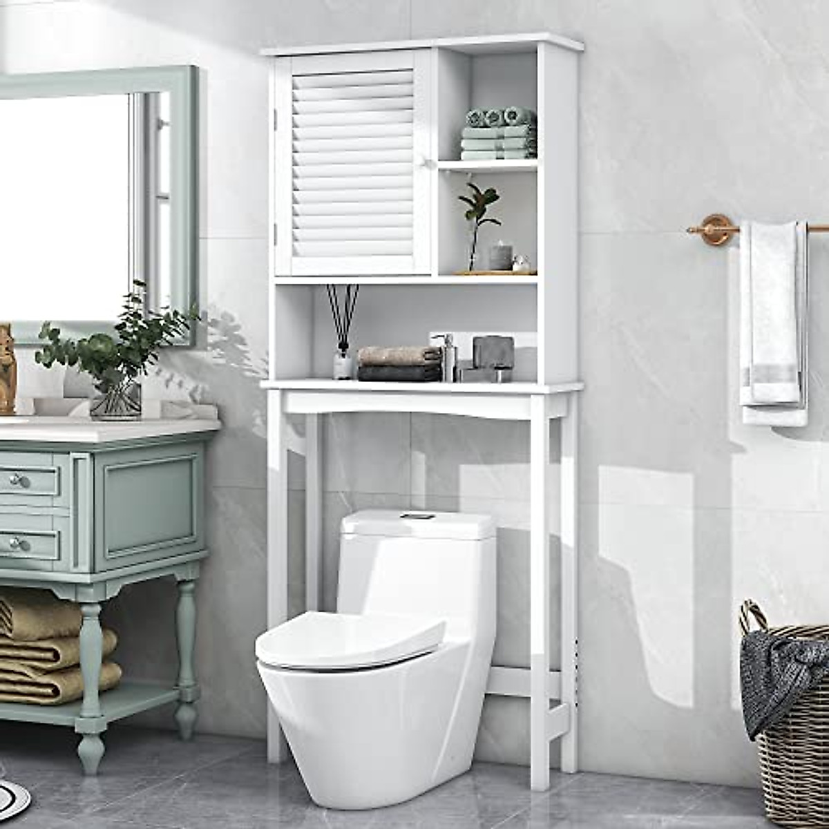 Merax, White Bathroom Over-The-Toilet Cabinet with Adjustable Shelf, Storage Rack, Shutter Door, Wood