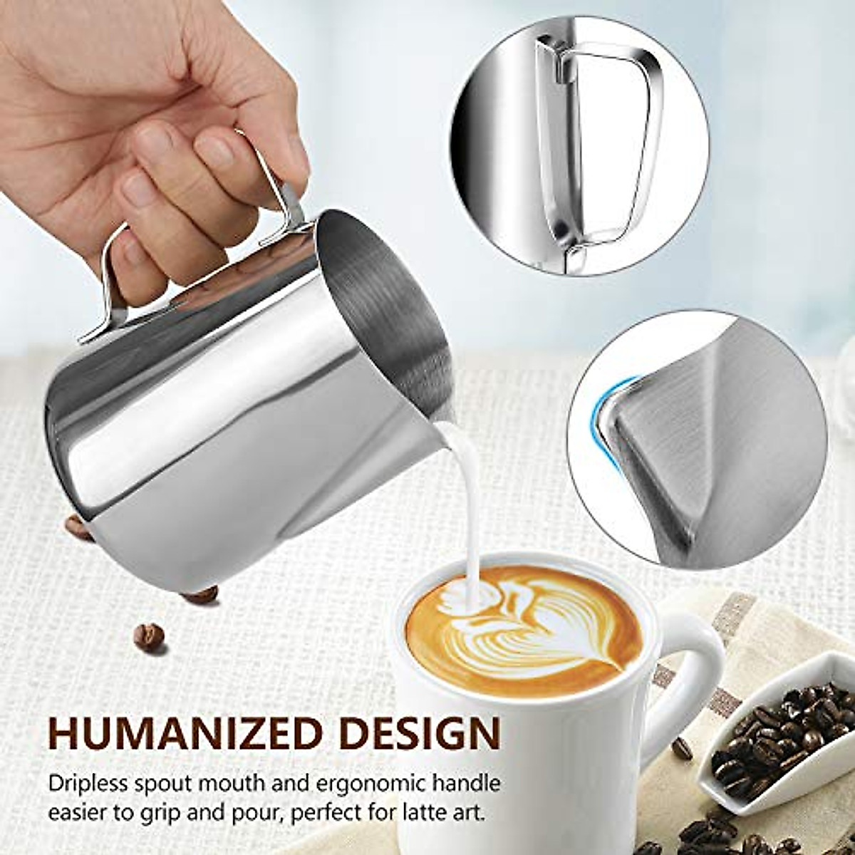 HOOMIL Milk Frothing Pitcher, 12oz/350ml Stainless Steel Steaming Pitcher Barista Milk Frother Cup Jug for Espresso Machine Coffee Cappuccino Latte Art - Silver