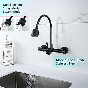 ZHYICH Kitchen Sink Faucet Wall Mount with Sprayer, Stainless Steel Mixer Tap, Matte Black Finish, NSF and Lead-Free Certified for Utility and Laundry Sink Faucet