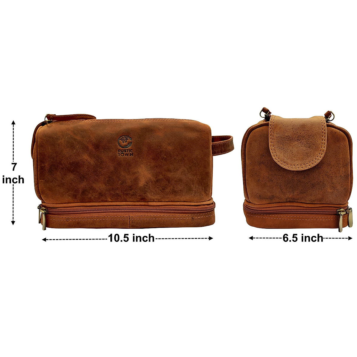 RUSTIC TOWN Genuine Leather Travel Toiletry Bag - Dopp Kit Organizer (Brown)