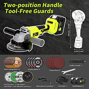 Cordless Angle Grinder Set, 2x 6.0 AH Batteries,21V Power Angle Grinder Tools,10000 RPM Brushless Electric Grinder with 10-5" Cutting Wheel, Flap Wheel, Wool Carving Wheel for Cutting & Grinding