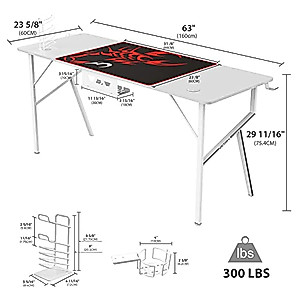 DESIGNA White Gaming Desk 63 inch, Large Gaming Tables Gamer Pc Workstation K Shaped Game Station with Free Mouse Pad, Gaming Handle Rack, Cup Holder and Headphone Hook, Carbon Fibre Surface