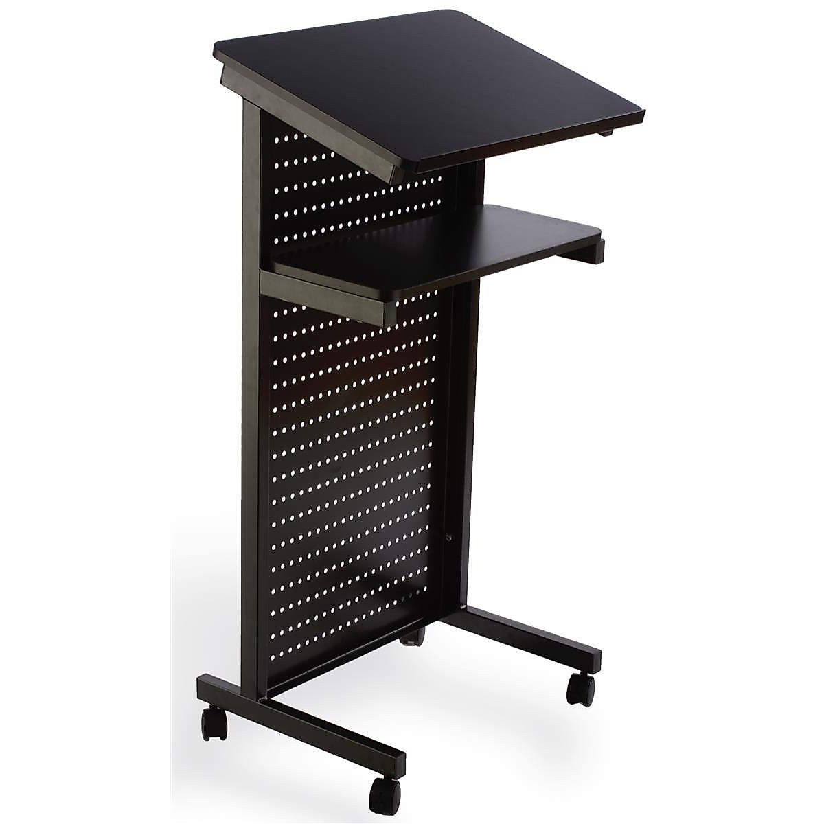 Displays2go Mobile Podium, 46.5 x 23 Inches, Locking Wheels, Shelf Included, Black Steel, MDF Wood (LCTMOBMETB)