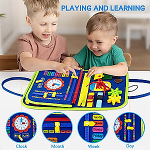 Busy Board Montessori Sensory Toys for Toddlers 1 2 3 4 5 Year Old Boys Girls, Preshool Educational Activity Toy Early Learning Busy Board for Fine Motor Skills, Travel Toys for Plane Car, Blue