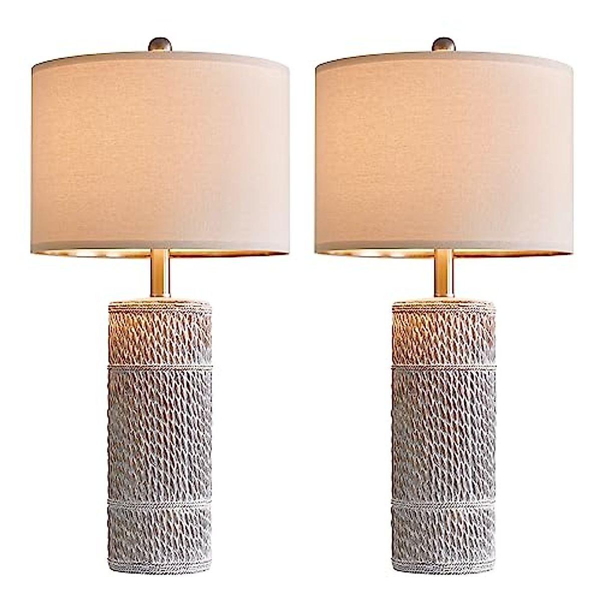 OYEARS 25.5 "Retro Farmhouse Table Lamps Set of 2 Woven Pattern Resin Bedside Lamps Classic Country Washed White Lamp for Bedroom Living Room Home Office
