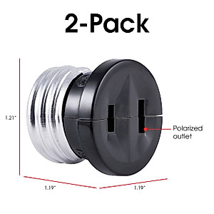 General Electric, 2 Pack, Black, Power Gear Polarized Handy Plug, Convert Light Bulb Socket to Outlet Adapter, 2-Prong, Easy to Install, UL Listed, 54276, 2 Count