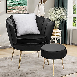 Magshion Modern Velvet Scalloped Back Accent Chair - Black, 250 lb Weight Capacity, Footrest & Pillow, Indoor Use