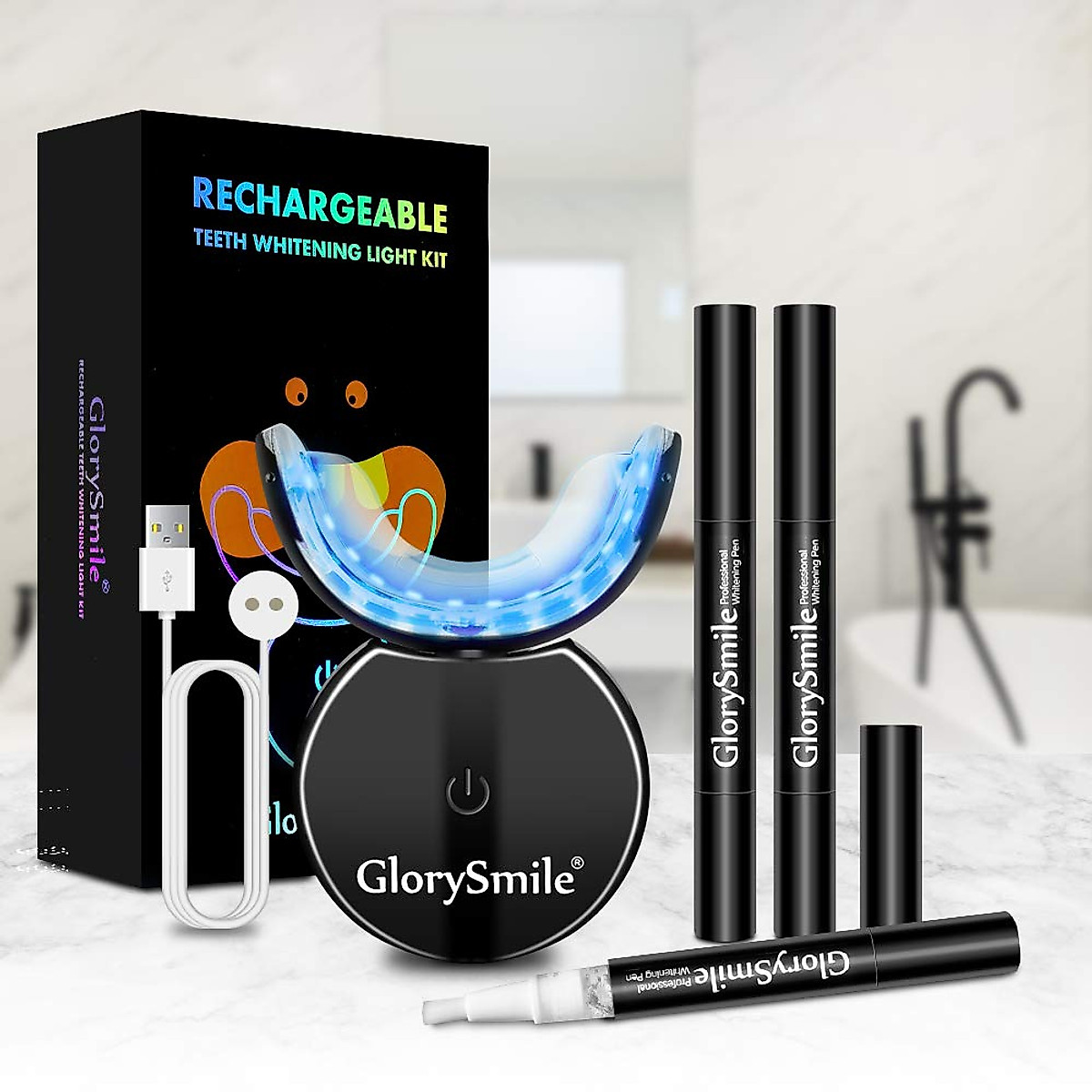 GlorySmile Teeth Whitening Kit with LED Light, 16 Min Non-Sensitive Fast Teeth Whitener with 3 Carbamide Peroxide Teeth Whitening Gel Pens, Helps to Remove All Kinds of Stain