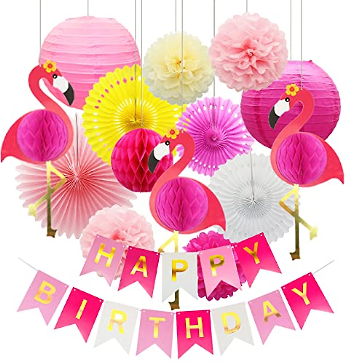 Flamingo party Beehive decorative set, Happy Birthday banner with paper lanterns, holiday party supplies, paper fan paper flowers Hawaiian beach Hawaiian party birthday wedding photo background