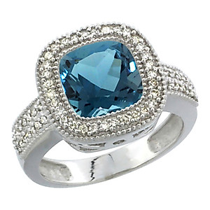 10K White Gold Natural London Blue Topaz Ring Cushion-cut 9x9mm Diamond Accent, size 10