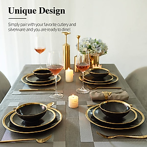 Pokini Black Luxury Plates and Bowls Sets, 12 Piece Porcelain Dinnerware Sets Service for 4, Modern Dinner Plates Set, Gold Rim Dish Set for Wedding Anniversary Birthday, No Microwave Safe