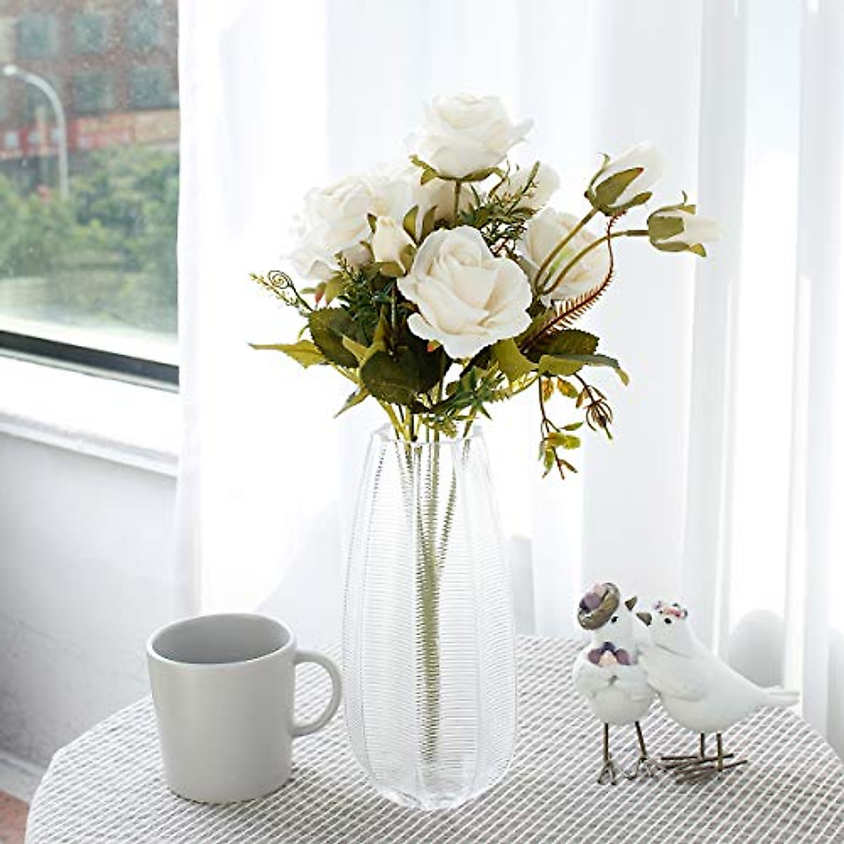 Tifuly Roses Bouquet Artificial Silk Flowers,2PCS Realistic Fake Roses Artificial Flowers with 9 Branch 12 Roses Heads Arrangement for Wedding Party Home Office Decoration (White)