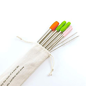 NEBYWOLD Metal Straws Reusable Stainless Steel Straws Bubble Tea Drinking with Silicone Tip and Carrying pack 5 Set - Mix Wide Straw 2 Cleaning Brush and A Portable Bag (Silver)