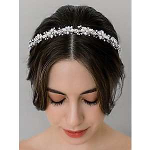 SWEETV Silver Bridal Headband Crystal Tiara for Women Pearl Wedding Headpieces for Bride Hair Accessories for Prom Birthday Party