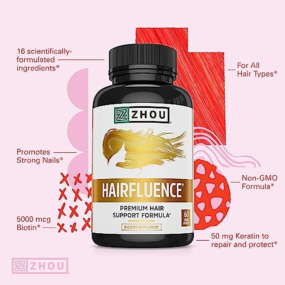 Zhou Hairfluence, Hair Growth Supplement with Clinically Studied Lustriva and Keranat and Hair Vitamins Biotin 5000mcg, Vitamin D, A, C & B12, Non-GMO, Gluten Free, 60 VegCaps