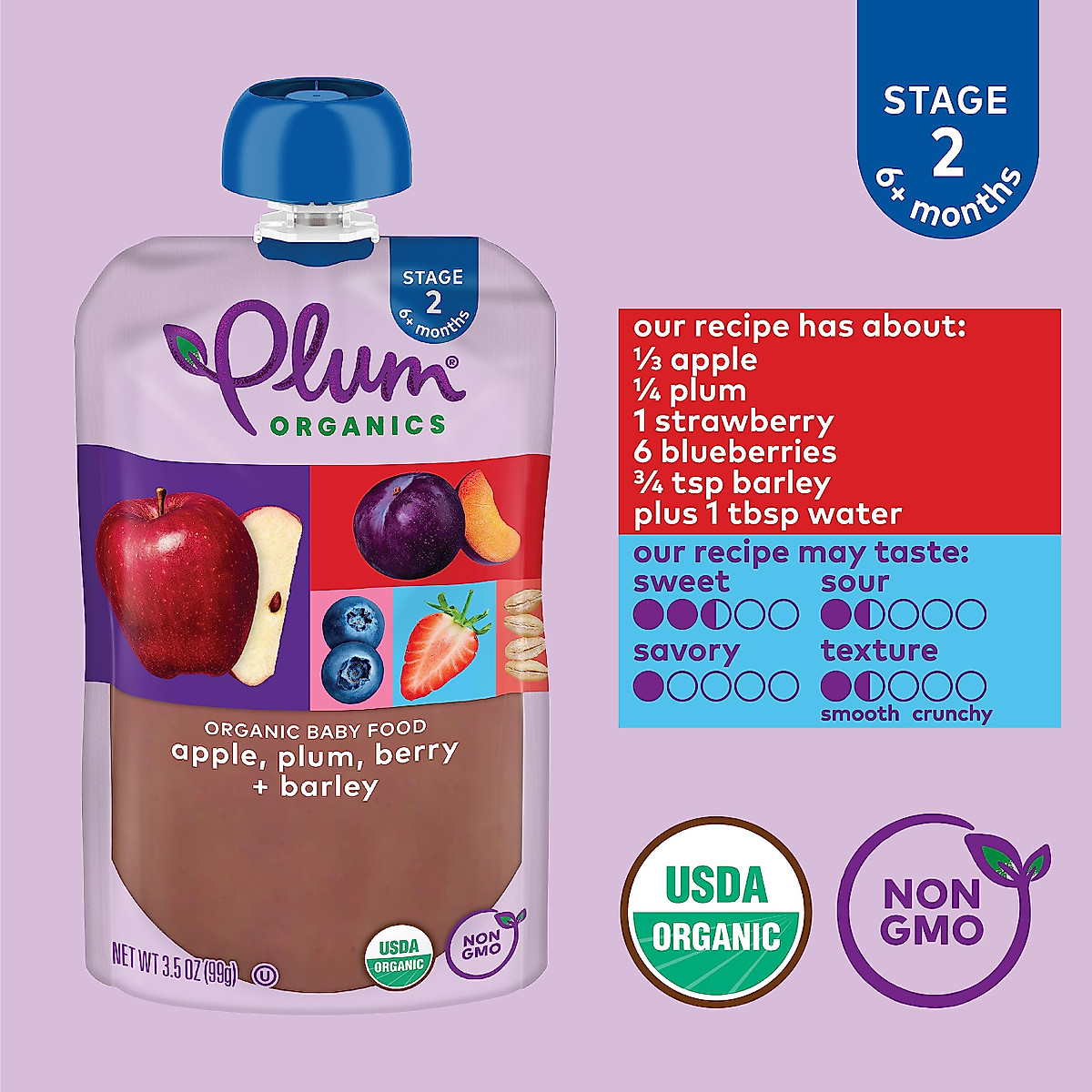 Plum Organics Apple, Plum, Berry and Barley Baby Food in Pouch, Organic Food Squeeze, Non GMO, 3.5 Ounce (Pack of 6)