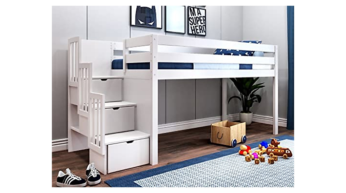 JACKPOT! Contemporary Low Loft Twin Bed with Stairway - White