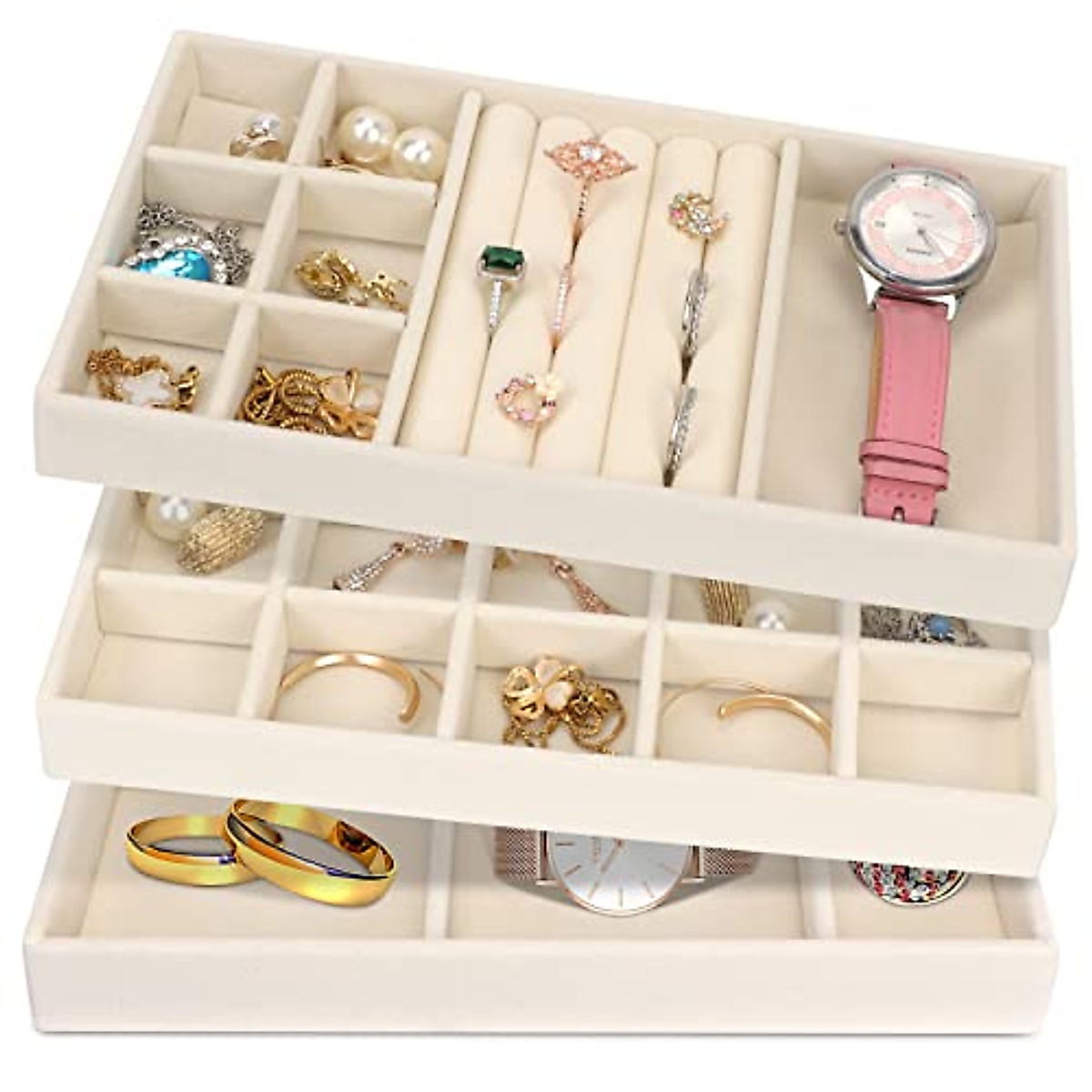 GoodSing Jewelry Display Trays for Drawers, Set of 3 Stackable Jewelry Drawer Inserts Container Display Case Velvet Jewelry Organizer Trays with Removable Dividers