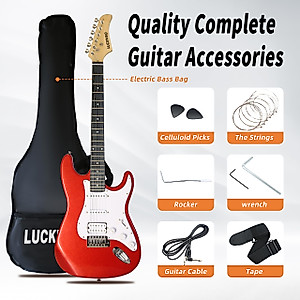LUCKWBQ 39in Full Size Electric Guitar Beginners Kit,Electric Guitar Starter Kit，Red w/Aceesccories, Bag, Picks, Strap, 6 Strings, Tremolo Arm - Guitarra Electrica for Starters, Adults, Kids, Travel