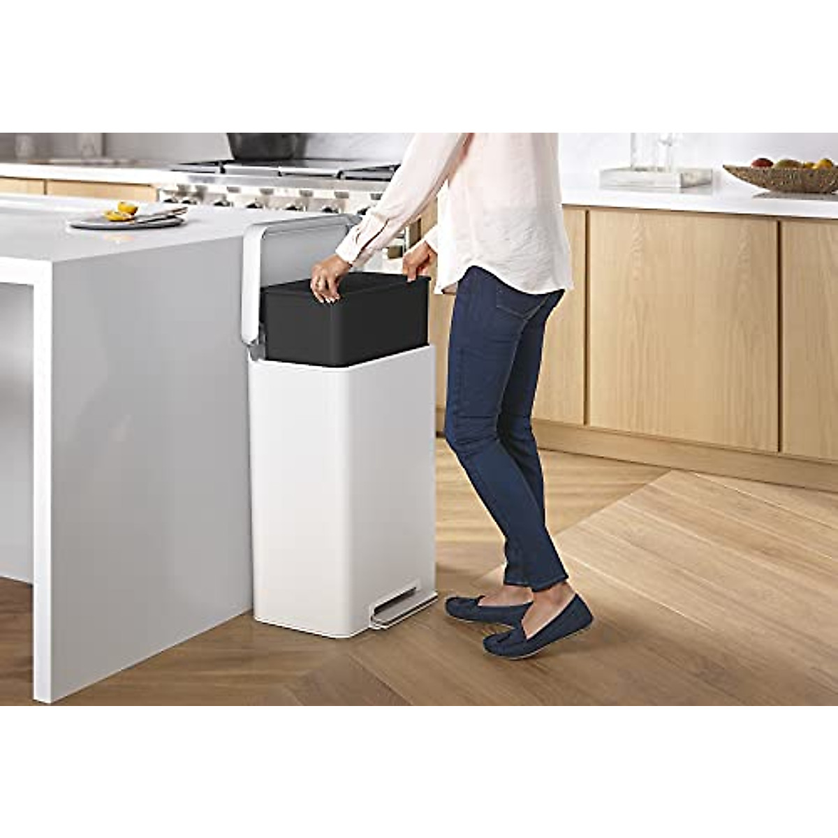 KOHLER K-20940-STW Kitchen Trash Can, 13 Gallon Step Trash Can with Quiet-Close Lid and Hand Free Foot Pedal in White Stainless Steel