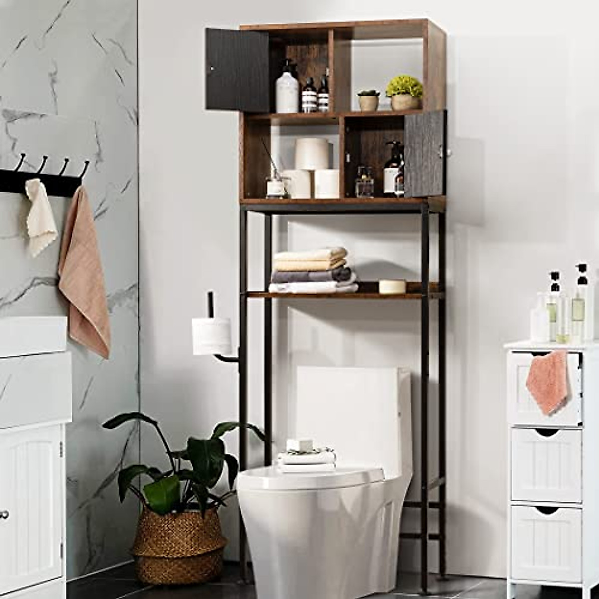 Becko US Over The Toilet Storage Rack with Cabinet, 4-Tier Freestanding Bathroom Storage Organizer Shelf with Toilet Paper Holder