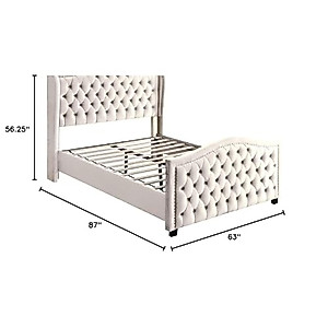 Leadtimes Beige Velvet Bed Frame Queen Size Upholstered Platform with Tufted Button Wingback Headboard Durable and Luxurious