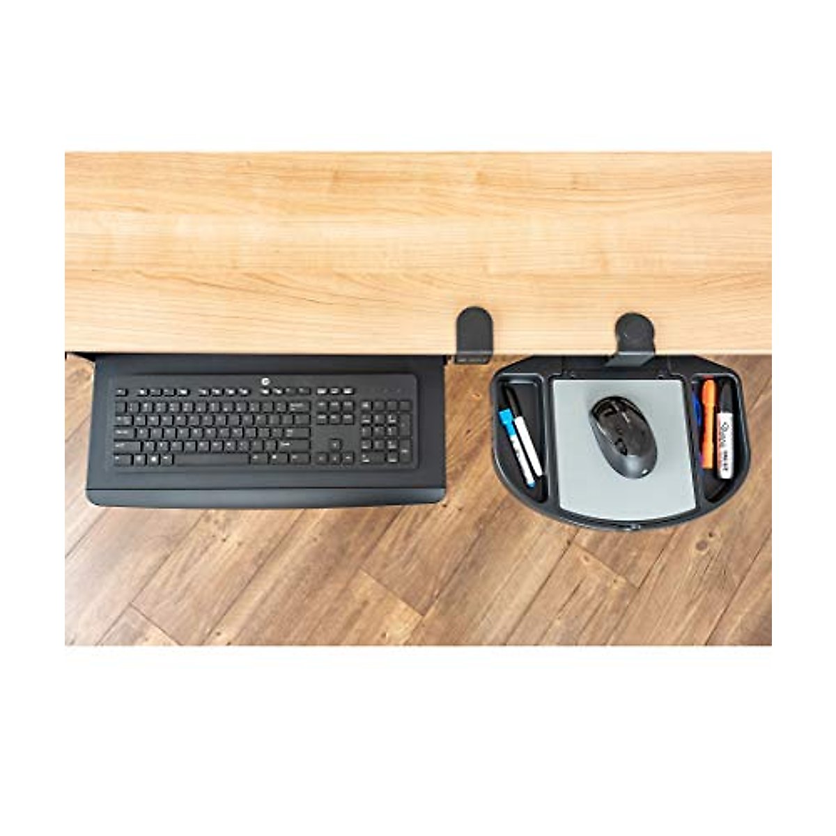 Stand Up Desk Store Clamp On 360 Degrees Swivel Out Mouse Tray with Storage for Desks and Tables Up to 1.5" Thick