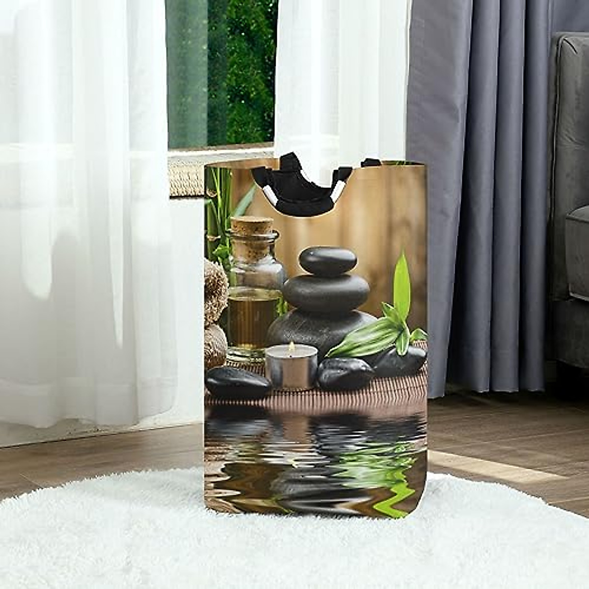 Flradish Zen Basalt Stones on Wood Large Laundry Hamper Collapsible Waterproof Freestanding Laundry Basket with Handles for Laundry Living Room,Bathroom