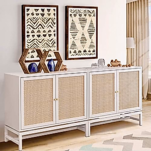 AWQM 2pcs Rattan Sideboard Buffet Cabinet with Storage,Kithchen Accent Storage Cabinet with Doors Console Table with Adjustable Shelves,Wood Console Cabinet for Dining Room,Living Room,White