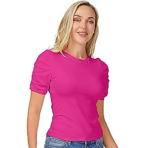 SDEER Puff Sleeve Tops for Women, Basic Scoop Neck T-Shirt Short Sleeve Slim Fit Shirts Tops Rose Red