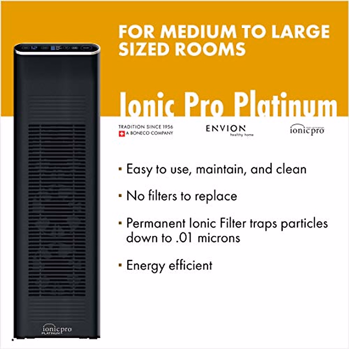 Envion by Boneco - Ionic Pro Platinum - Negative Ion Air Purifier Tower - Truly Silent Operation – High Performing Unique No Filter Design - Removes Odors, Smoke, Mold, Pet Dander - 500 Sq Ft Capacity