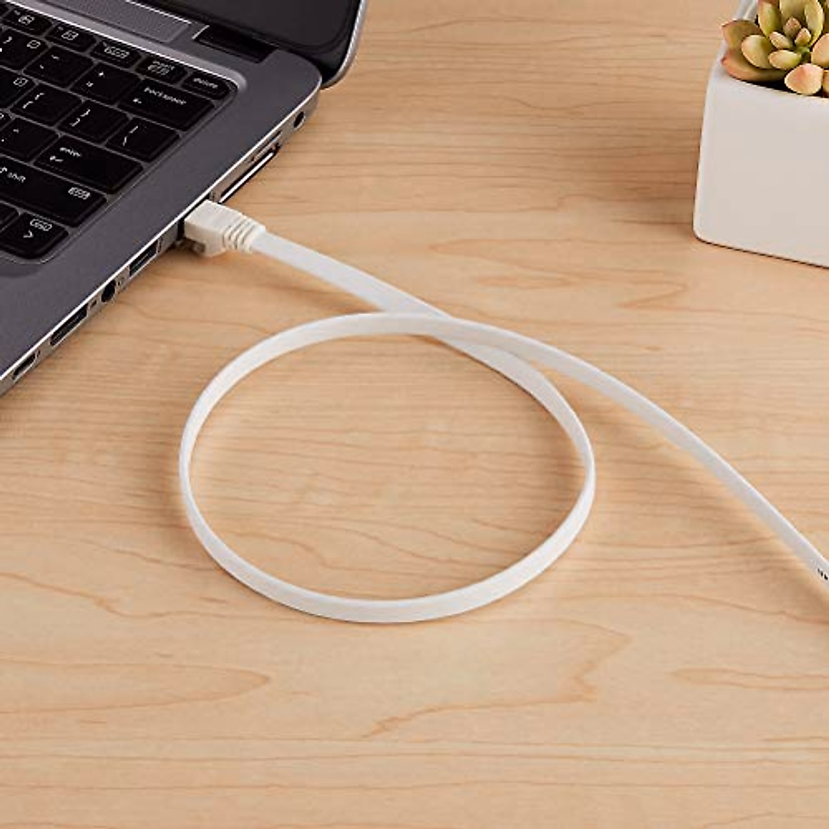 Amazon Basics RJ45 Cat 7 Ethernet Patch Cable, Flat, 600MHz, Snagless, Includes 25 Nails For Printer, 100 Foot, White