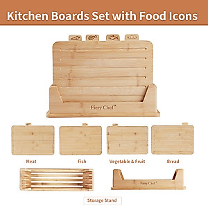 Fiery Chef Bamboo Cutting Board Set of 4 - Wood Cutting Board Set with Holder, Chopping Boards Set with Food Icons, Juice Groove - Ideal for Meat, Fish, Bread, Vegetable, Fruit Chopping