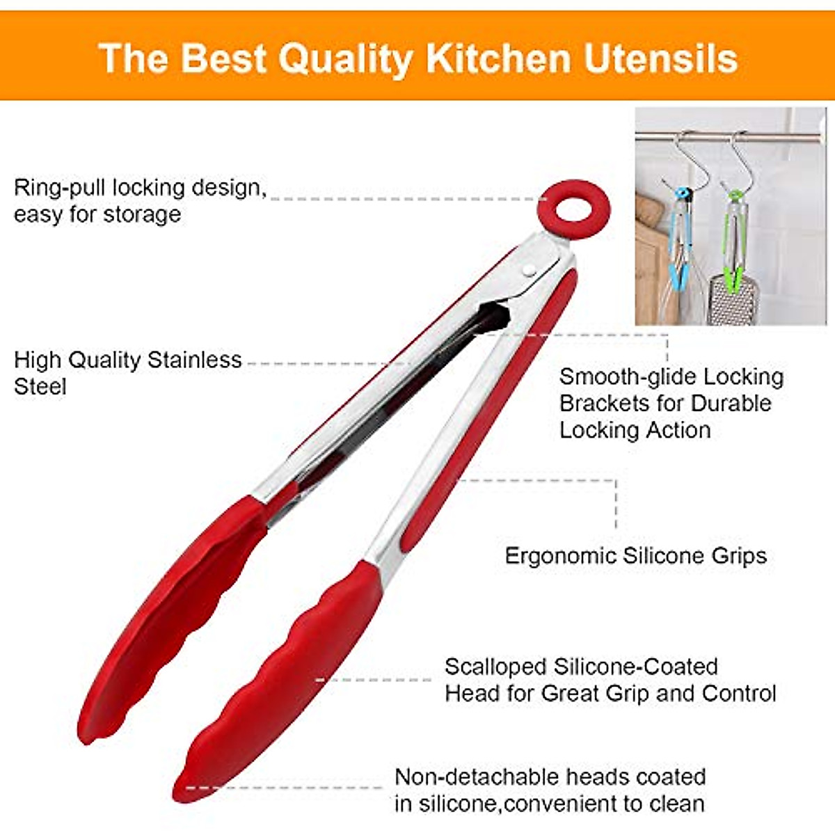 Kitchen Tongs with Silicone Tips - ForTomorrow Set of 5, 7 9 Inch Premium Silicone Tipped Tongs for Cooking Heat Resistant, Serving Food, BBQ