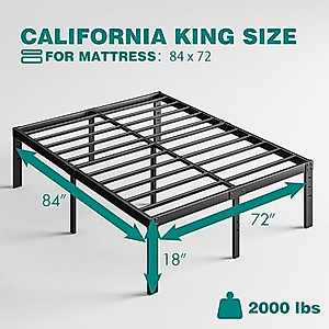 ZIYOO California King Bed Frames, 18'' Platform Bed Frame, 2000lbs Heavy Duty Steel Slat, Non-Slip Design, No Box Spring Needed, Easy Assembly, Quiet Noise Free, Under Bed Storage Space